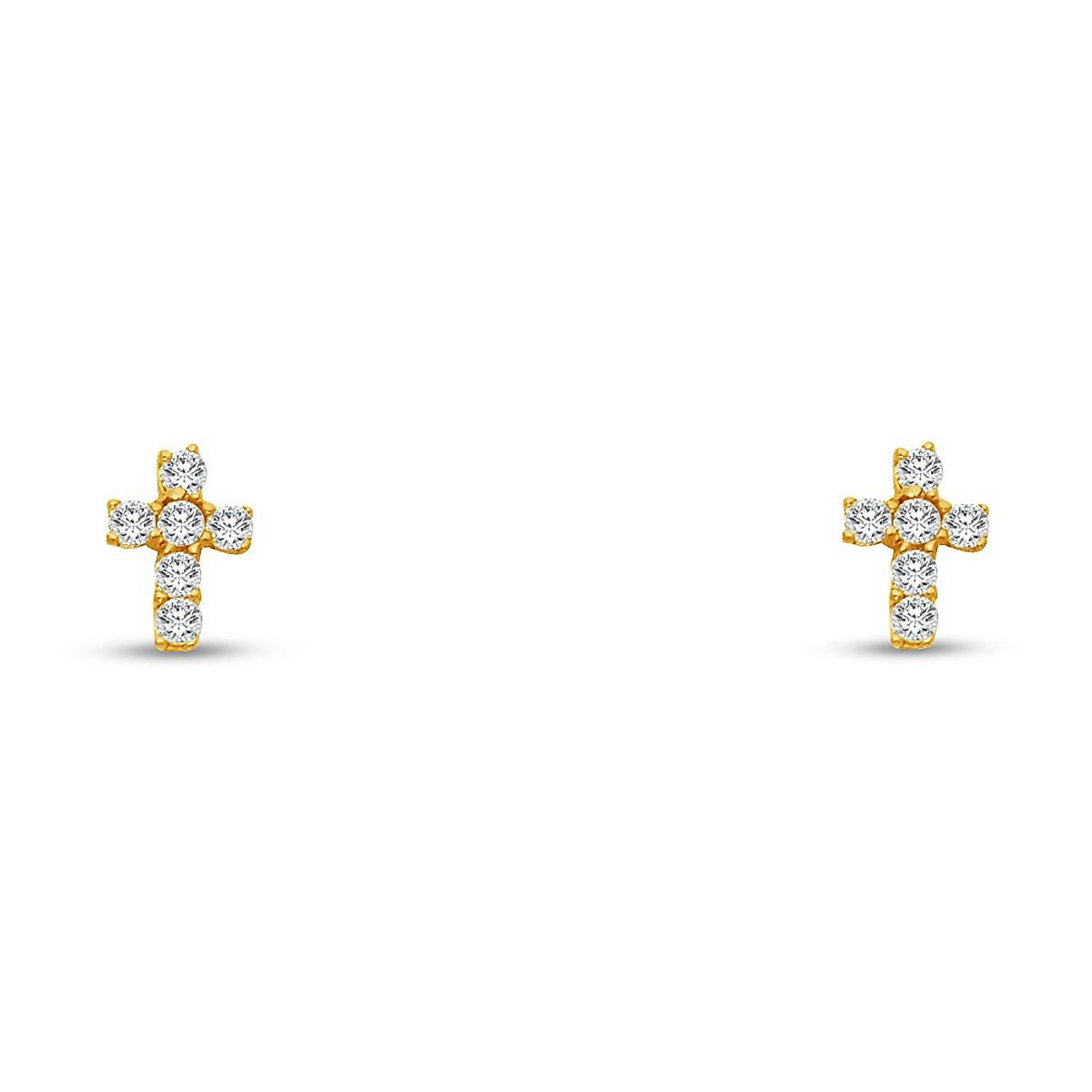 14K Yellow Gold CZ Cubic Zirconia Cross Crucifix Stud Earrings With Screw Back