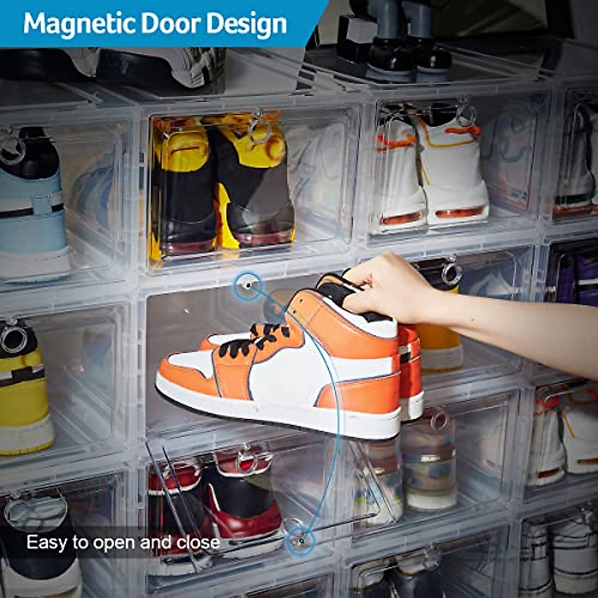 Avarmora Shoe Boxes Clear Plastic Stackable, 8 Pack Drop Front Shoe Box with Magnetic Acrylic Hard Door, XL Shoe Storage Boxes for Display Sneakers, Fit up to US Size 13 (13.6''x 10.6''x 7.7'')