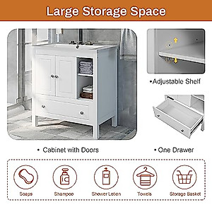 30 Inch Bathroom Vanity Cabinet with Ceramic Sink, Drawers and Doors, Adjustable Shelf, Solid Wood Frame, Modern Style
