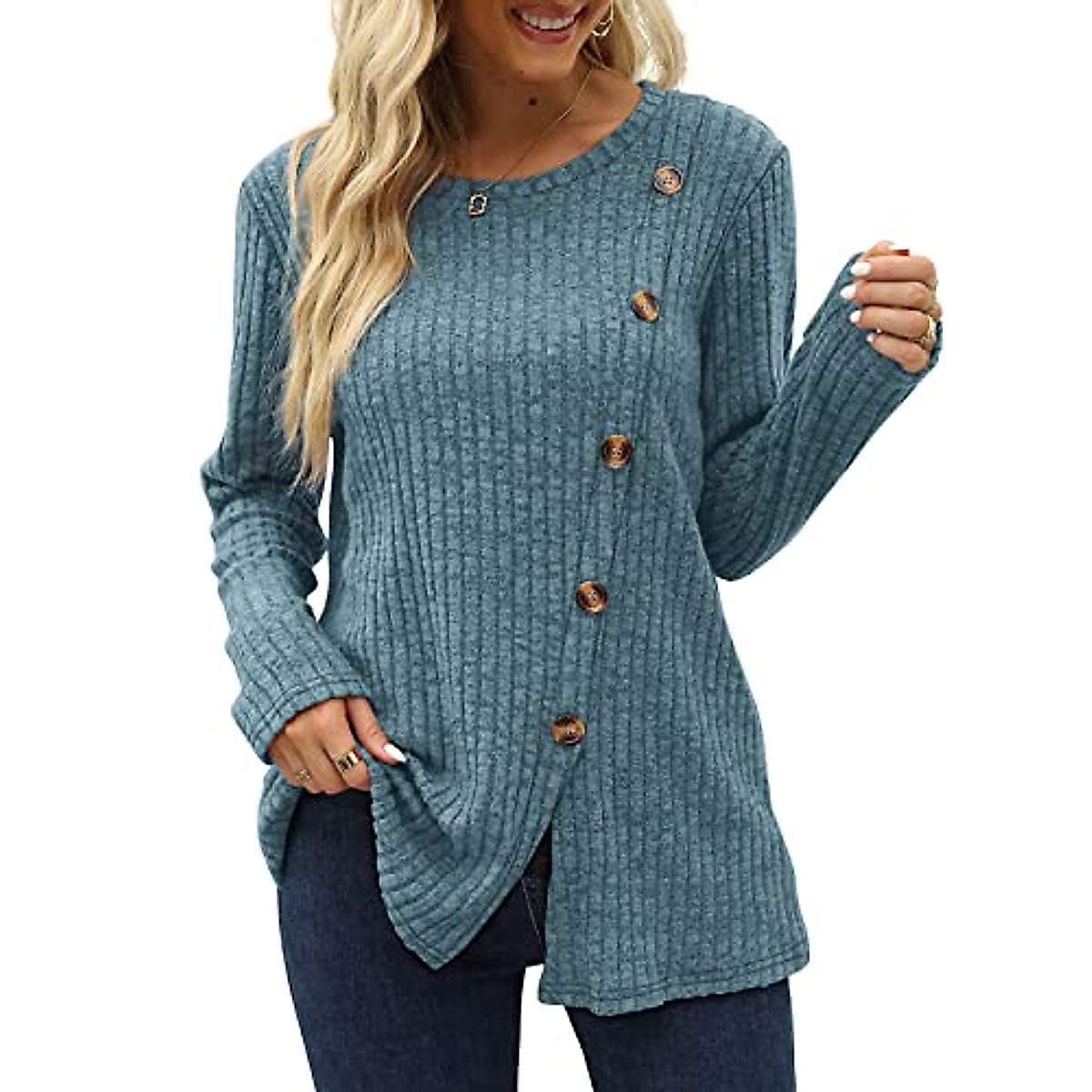 OFEEFAN Long Sleeve Shirts for Women Tunics Ladies Sweaters Winter Tops Blue L