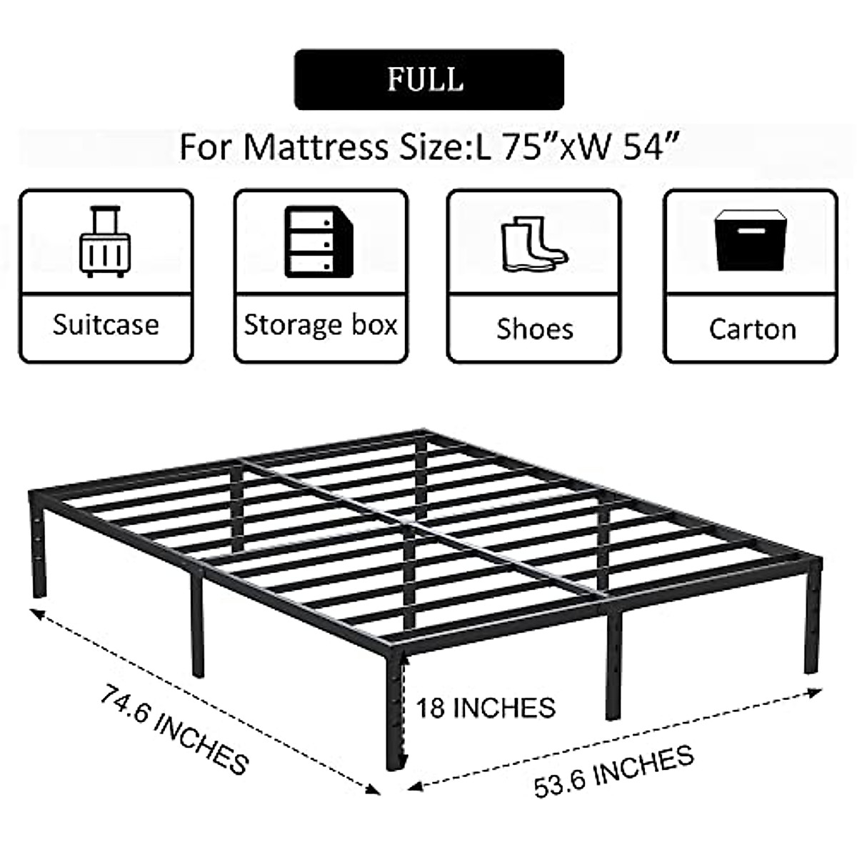 ALDRICH 18 Inch Metal Full Size Bed Frame - Black Basic Anti Squeak Steel Slats Platform, Easy Assembly Heavy Duty Noise Free Bedframes, No Box Spring Needed
