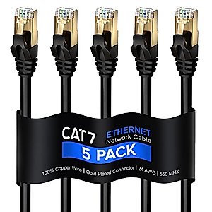 Cat 7 Ethernet Cable 100 ft - High-Speed Internet & Network LAN Patch Cable, RJ45 Connectors - 100ft / Black / 5 Pack - Perfect for Gaming, Streaming, and More
