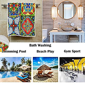 Pfrewn Mexican Talavera Ceramic Tile Hand Towels 16x30 in Ethnic Folk Bathroom Towel Soft Absorbent Small Bath Towel Kitchen Dish Guest Towel Home Bathroom Decorations