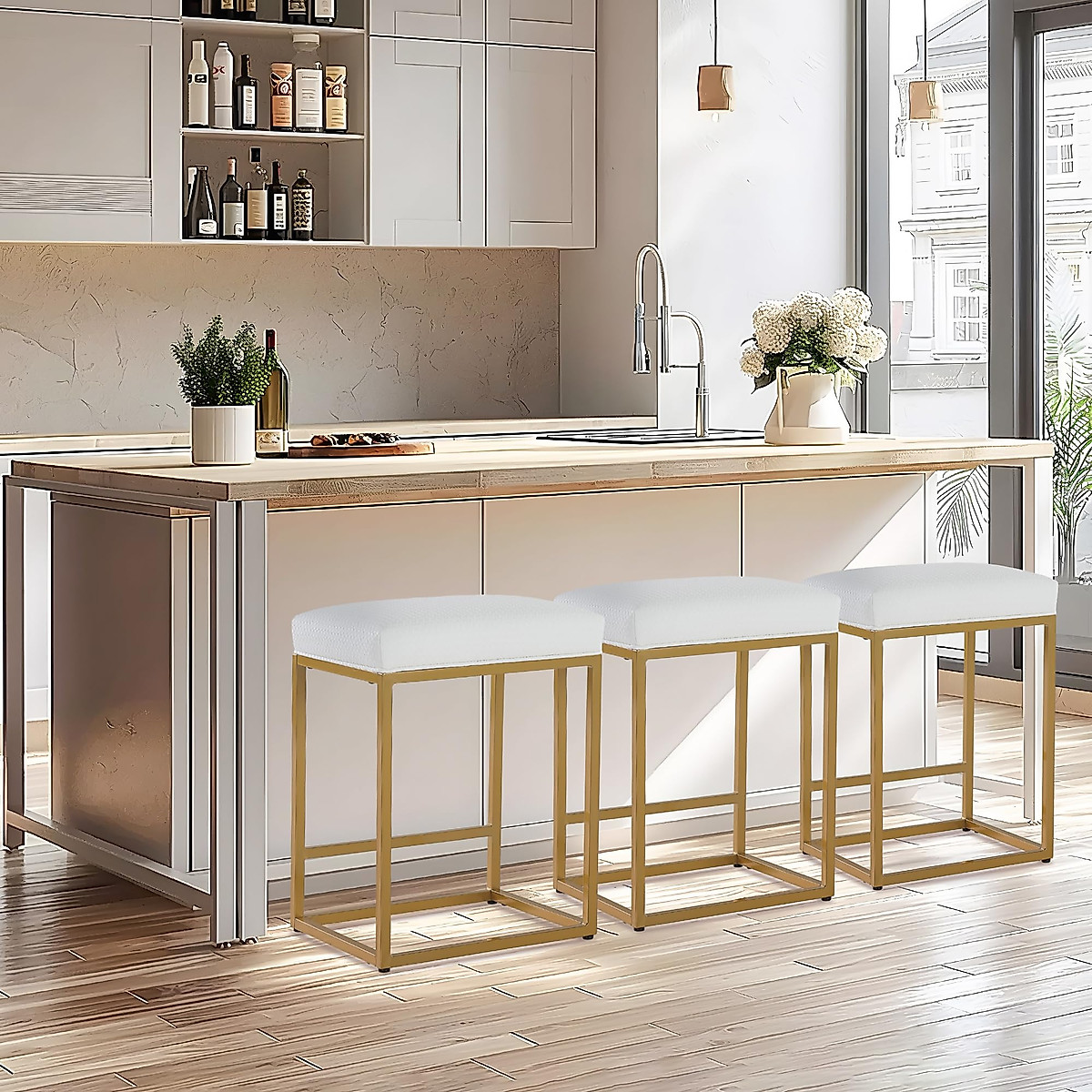 ALPHA HOME 24 Inch Counter Height Bar Stools Set of 3, Upholstered Bar Stools for Kitchen Island, Counter Stools with Faux Leather Cushion and Sturdy Metal Frame, Modern Barstools, White and Gold