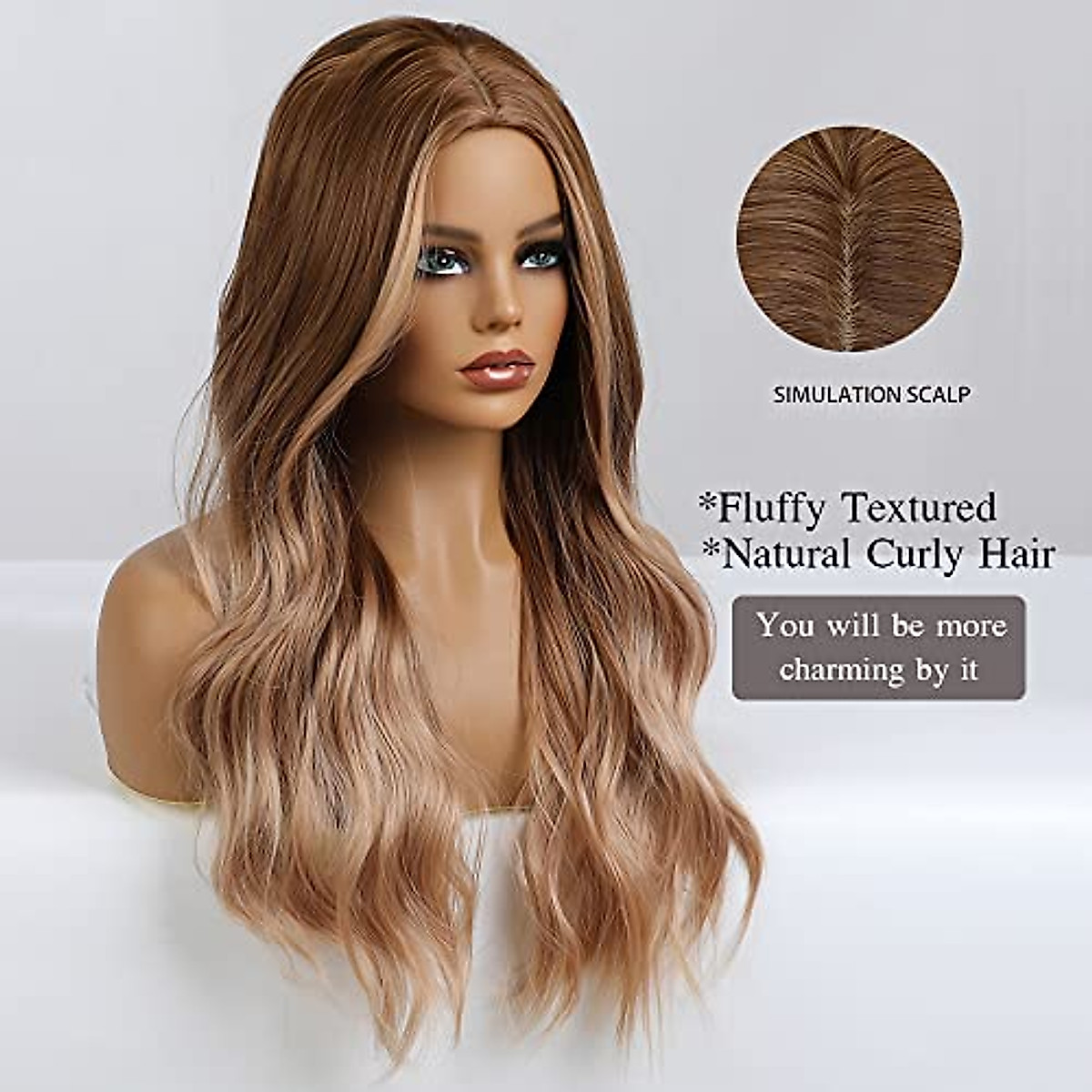 Esmee 24 Inches Long Wavy Wig Brown ombre Blonde Wigs Cosplay Party Wigs for Women Heat Resistant Fibre for Daily Party Use