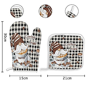 Oven Mitts, Coffee Time Anti-Skid Cooking Gloves for BBQ, Microwave, Baking, Cooking, Thermal Insulation Hot Pads Potholders for Handling Hot Cookware Gnome Coffee Beans Black-White Plaid