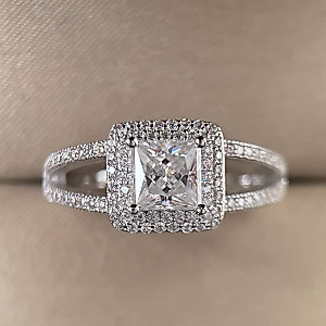 ZLAEBL 1.48 Carat Sterling Silver Split Shank Double Row Princess And Halo Pave Set Princess Cut Moissanite Engagement Ring Diamond Rings (1 Ct Center Stone),8