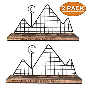 Homode Floating Shelves, Set of 2 Mountain Wall Shelves, Rustic Wood Display Storage Shelf with Metal Wire, Geometric Decor for Bathroom, Nursery, Bedroom, Office