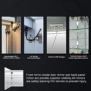 WELLFOR LED Lighted Medicine Cabinet with Defog Mirror, Mirrored Cabinet with Adjustable Shelves, Outlets & USB Ports, Recessed or Surface Bathroom Storage Cabinet, Single Left Opening Door, 20" X 30"