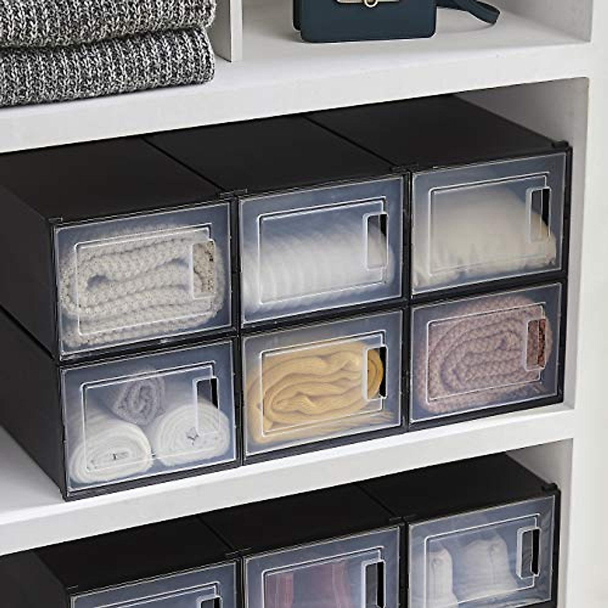 sweetgo 12 Pcs Stackable Shoe Storage Boxes - Front Entry and Clear Plastic, Shoe Container and Sneaker Display Box for Closets and Entryway, Foldable Shoe Organizer for Men & Women Shoes (Black)