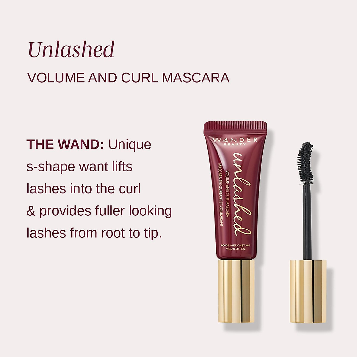 Wander Beauty Unlashed Volume & Curl Mascara - Volumizing, Lash Curling Mascara - 9 in 1 Multitasking Smudge-Proof Makeup - Nourish & Reduce Fallout With Peach Leaf, Vitamin E & B5-0.31 fl oz