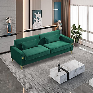 gefayluo 85.43" Large Velvet Sofa Couch, Mid-Century Modern 3-4 Seat Couch with 2 Pillows & Gold Legs for Living Room