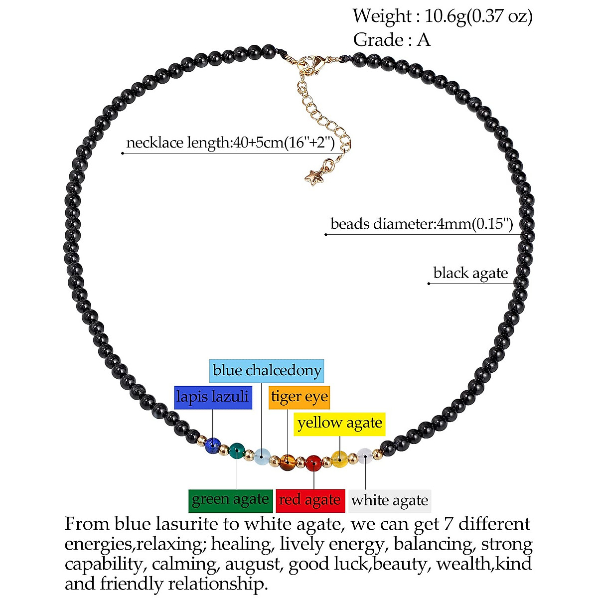 Jewever 7 Chakra Beaded Choker Necklace for Women Black Agate Healing Crystals and Gemstones Meditation Yoga Balance Jewelry