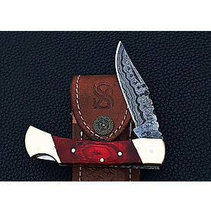 Smart & Sharp Custom Handmade Damascus Steel Folding Knife/Pocket Knife AR-17394 (Red Colored wood) (Red)