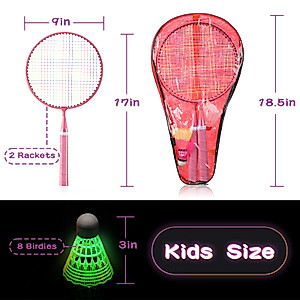 2 Pairs Badminton Rackets Set for Children Kid Shuttlecocks Sports Nylon Alloy Badminton Racquet Set with 8 LED Badminton Birdies, 6 Non Luminous Badminton Birdies and 2 Carrying Bags,Night Pink Blue