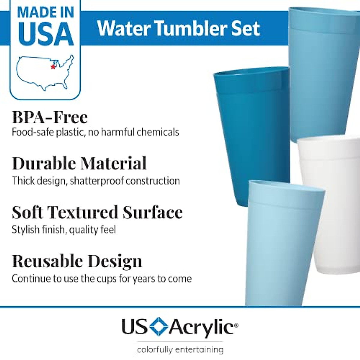 US Acrylic Newport 20 ounce Unbreakable Plastic Stackable Water Tumblers in Blue Sky | Set of 12 Drinking Cups | Reusable, BPA-free, Made in the USA, Top-rack Dishwasher and Microwave Safe