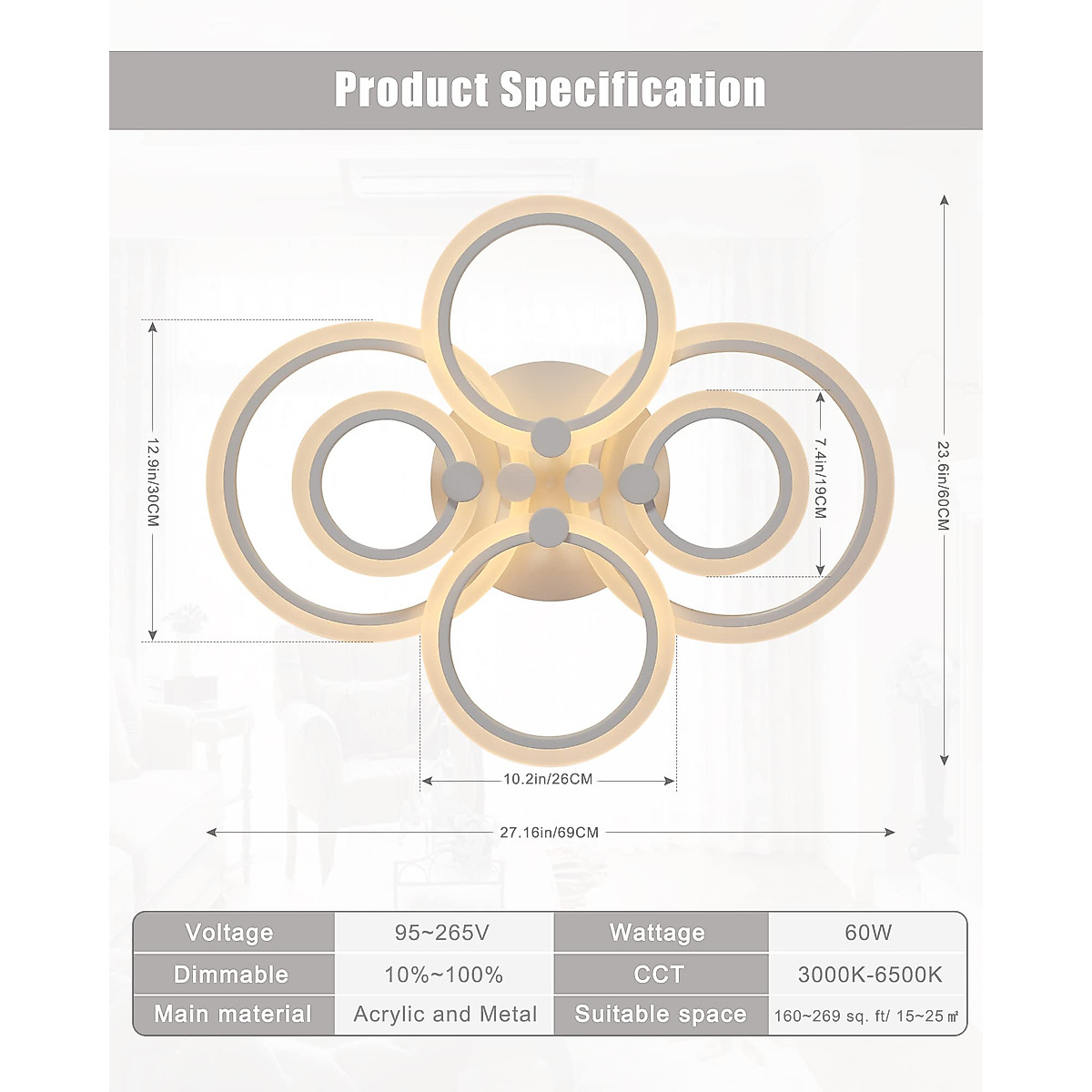 SJV Modern LED Ceiling Light: 27 Inch Flush Mount Ceiling Light Fixture 60W Memory Timer LED Dimmable Lamps with Remote for Living Dining Room Lighting Bedroom Home 3000K/ 4000K/ 6500K