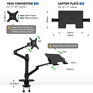 Viozon Monitor and Laptop Mount, 2-in-1 Adjustable Dual Arm Desk Mounts Single Desk Arm Stand/Holder for 17 to 32 Inch LCD Computer Screens, Extra Tray Fits 12 to 17 inch Laptops (Black)