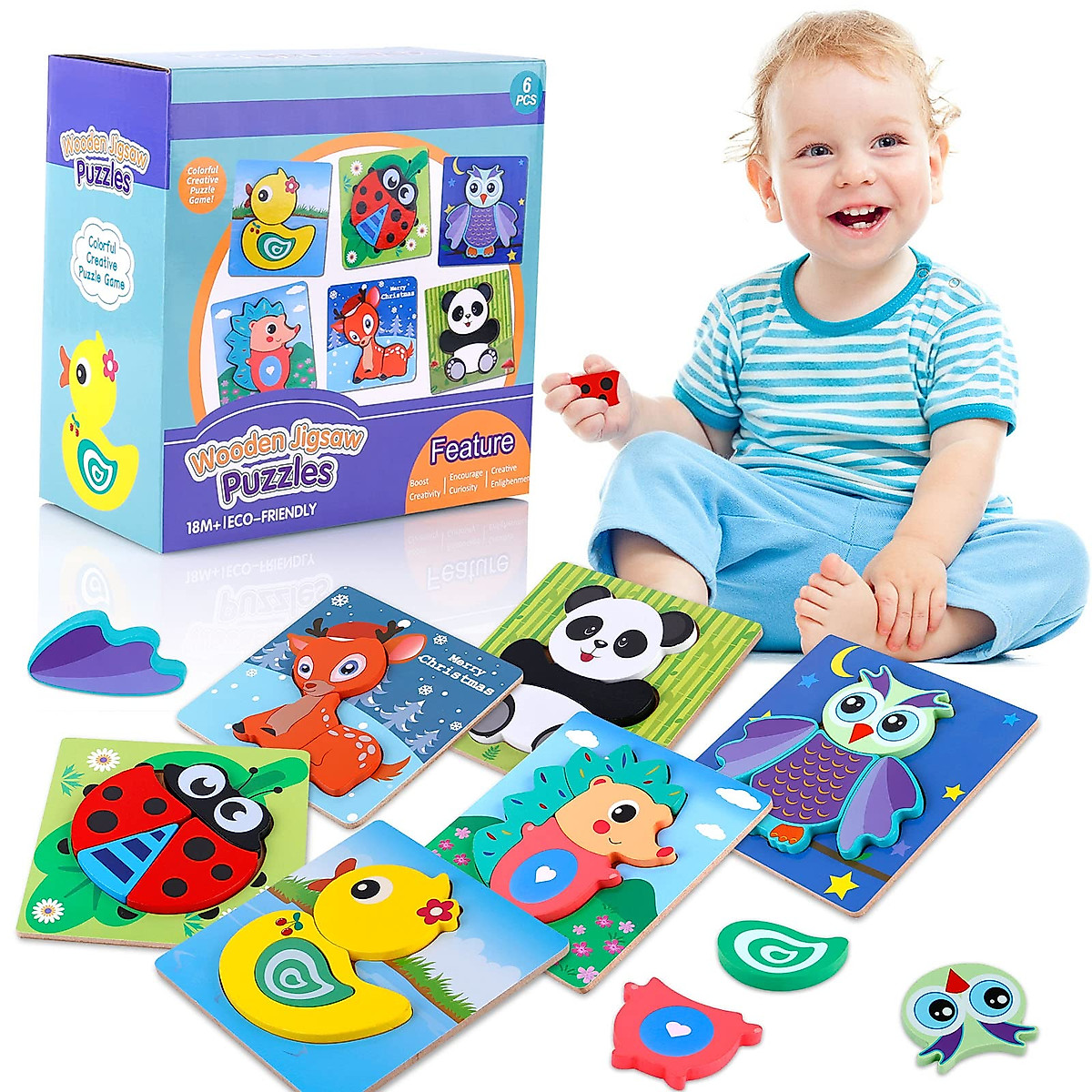 GINMIC Wooden Puzzles for Toddlers, Boys & Girls Educational Preschool Toys Gift with 6 Animals Patterns, Puzzles for 3 Year olds.