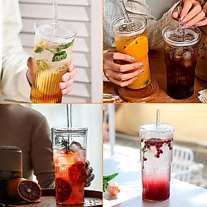 4 Packs 22 oz Glass Cups with Lids and Straws, Ribbed Glass Coffee Mug, Tumbler Water Glass, Reusable Water Bottle Wide Mouth Smoothie Cups, Thick Wall Glass Coffee Iced Tea Cup Pearl Tea,Juice