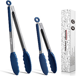 EEKEDO Kitchen Tongs, Stainless Steel Silicone Tongs for Cooking 600ºF High Heat-Resistant BBQ Grilling Locking Tongs, Set of 2-9" and 12" Classic Blue
