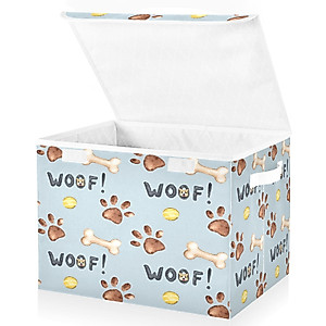 DIGTIA Storage Bins with Lids Pet Paw Brown Foldable Storage Boxes with Handles Dog Watercolor Large Storage Basket Collapsible Organizer Containers for Closet Home Bedroom Office