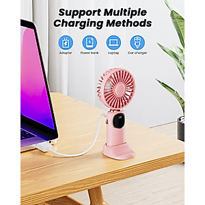 coldSky Portable Handheld Fan, 4000mAh Battery Operated Fan with LED Display, Handheld/Neck/Desk 3 in 1 Personal Small Fan, 90° Foldable Desk Fan with Base, 5 Speed Lash Fan Makeup Fan for Women