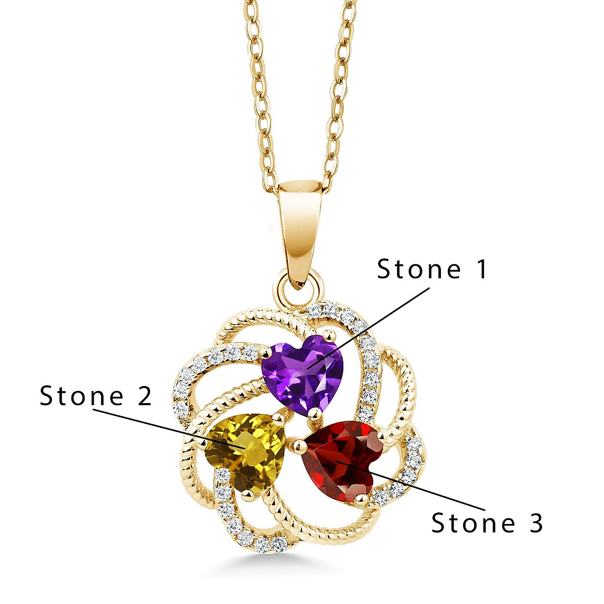 Gem Stone King 18K Yellow Gold Plated Silver Yellow Gold Plated Build Your Own Personalized 3 Heart Shape Birthstone Flower Women's Mothers Family Blossom Couple Pendant