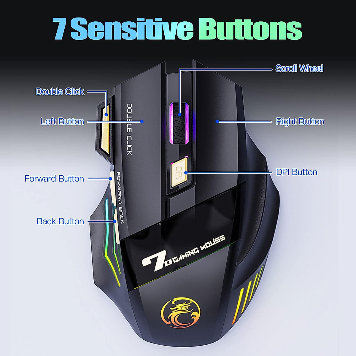 VEGCOO Wireless Gaming Mouse, Rechargeable Silent Wireless Mouse with 4800 DPI Adjustable,Double Click Key, Colorful RGB Lights, Computer Mice with Thumb Rest for PC/Mac Gamer (C26 Black)