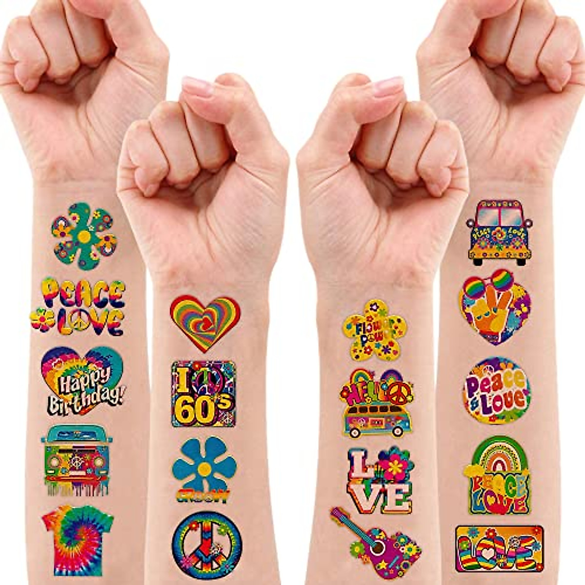 8 Sheets (96PCS) 60s Temporary Tattoos Theme Tie Dye Hippie Birthday Party Decorations Favors Supplies Stickers For Adults Kids Gifts Classroom School Prizes Rewards