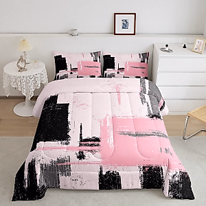 Feelyou Abstract Comforter Modern Abstract Art Comforter Set for Boys Girls Children Pink Black Pattern Bedding Set Room Decor Queen Size Duvet Set 3Pcs