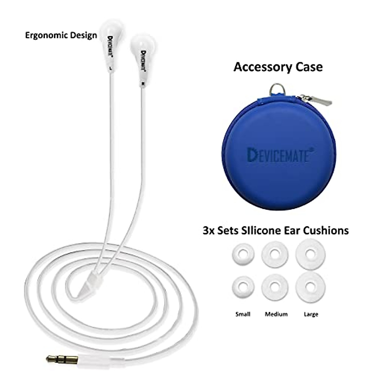 DEVICEMATE in-Ear Headphones, Wired Earbuds, Ergonomic Earphones. Stereo, Noise Isolating, Comfort Fit, Durable Quality, Compatible with Apple & Android Devices. No Mic. Blue Earbud Case
