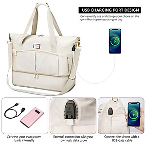 Travel Bags for Women, Sports Gym Duffle Bag with Foldable Shoe Compartment, Large Weekender Overnight Bag with Wet Pocket and USB Charging Port for Women Traveling, Gym Tote, Yoga (Beige)
