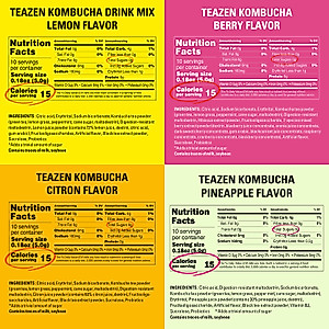 TEAZEN Kombucha 4 Flavors 40 Sticks Variety Pack, Kombucha Lemon, Peach, Berry Citron (40 Sticks)