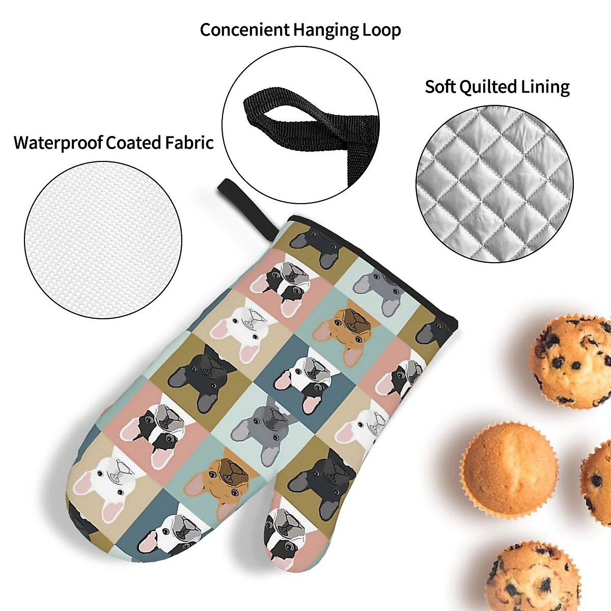 Msacrh French Bulldogs Oven Mitts and Pot Holders Sets of 4, Cotton Lining with Non-Slip Hot Pads,Heat Resistant Oven Gloves for Kitchen Cooking Baking Grilling