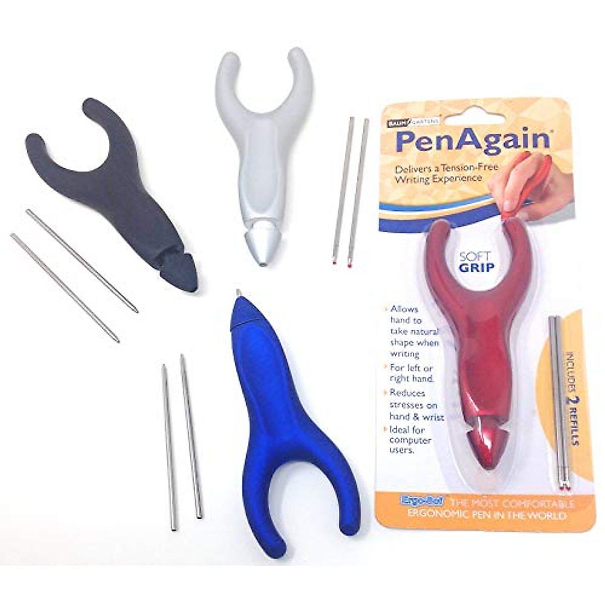 Penagain Ergosof, Ballpoint Pen, Set of 4 Colors: Black, Silver, Red and Blue (Individually Packaged with Two Refills Per Pen) (Limited Edition)