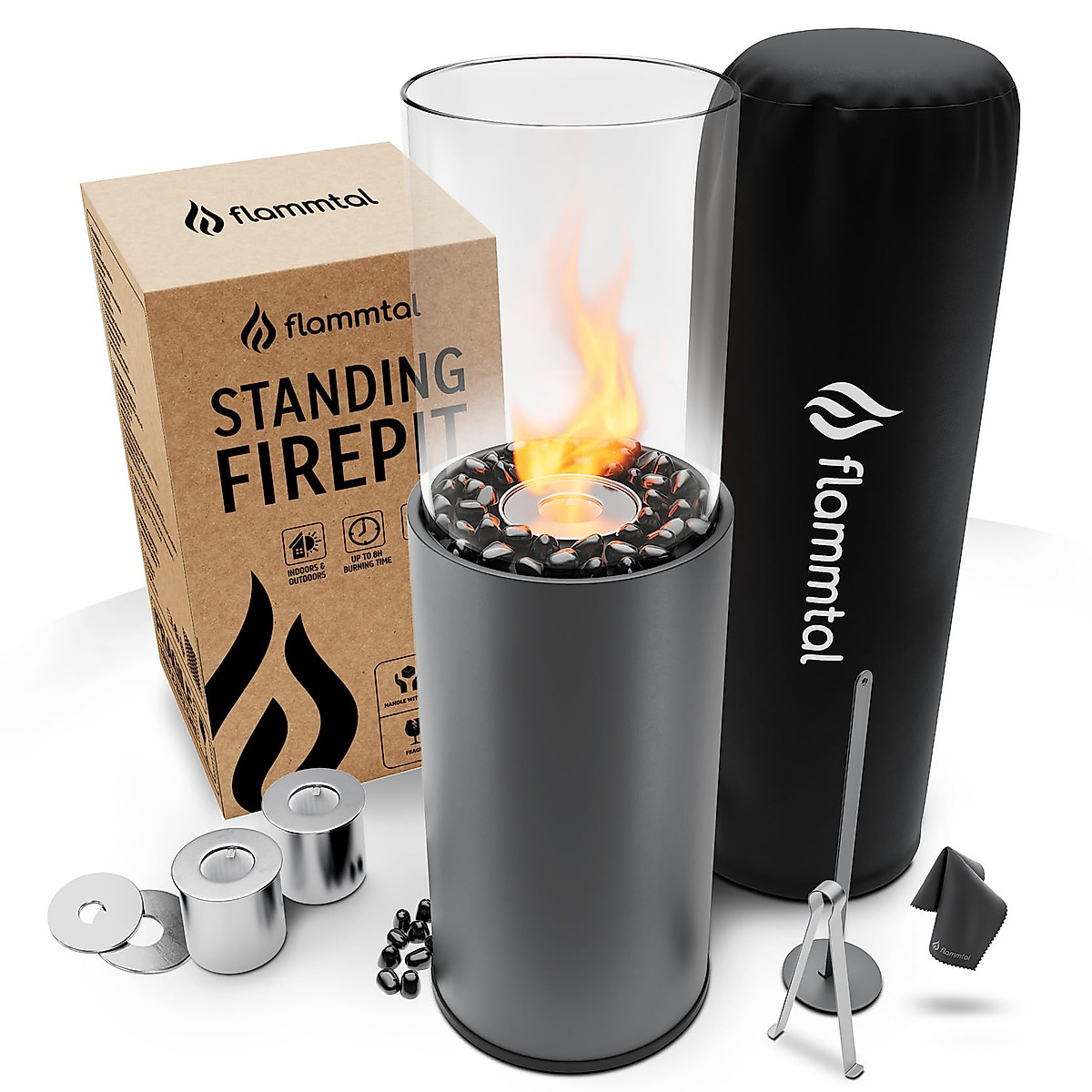 Flammtal - Freestanding Fire Pit [8h Burning Time] - Large Standing Ethanol Fireplace for Indoor & Outdoor - Smokeless Fire Pit with Adjustable Flame - Portable Indoor Fire Pit - Patio Fire Pit