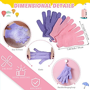 4 Pack Exfoliating Shower Bath Gloves Back Scrubber Set, 2 Exfoliating Body Scrubber Nylon Back Washer, 2 Pairs Scrub Gloves for Women Men Children Skin, Stretchable Pull Strap Washcloth, Pink, Purple