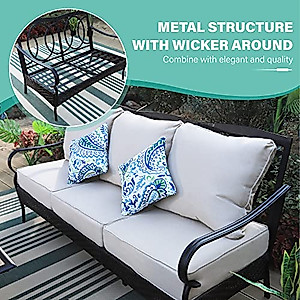 MFSTUDIO Outdoor Patio Furniture Set, 3-Seat Metal Patio Conversation Sofa, Outdoor Rattan Wicker Conversation Sofa Set with Cushion for Garden Porch Poolside,450 LBS