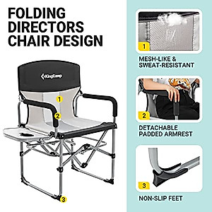 KingCamp Folding Camping, Heavy Duty Portable Directors Chairs for Adult with Side Table Mesh Back Compact Style for Outdoor, Outside,Lawn,Sports,Fishing,Beach,Picnic,Concert,Trip, Black-1 Pack