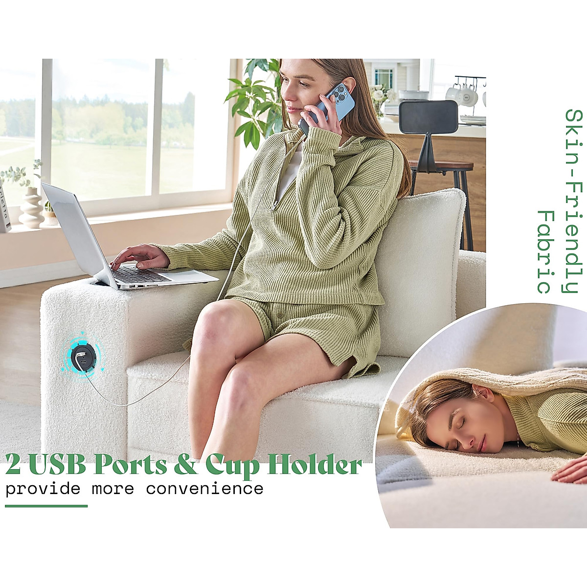 AMERLIFE 114 Inch Sectional Sofa,6 Seats Modular Sectional Sofa with Storage, U Shaped Couch with 2 USB Ports &Cup Holders, Ottomans, 4 Pieces Set White Bouclé Sofa Couch