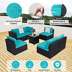 Kinsunny 7 PCS Patio Furniture Sets Conversation Sets - Outdoor Sets Sectional Sofa Set with Tea Table and Washable Blue Cushions, PE Black Rattan Sofa for Backyard/Pool