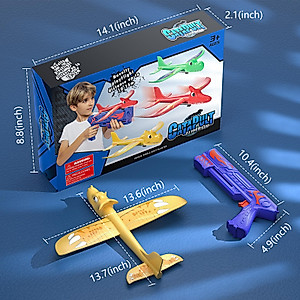FRONTSUN 3 Pack Dinosaur Airplane Launcher Toys, 2 Flight Modes Kids Outdoor Flying Toys Airplanes Foam Glider Catapult Planes, Birthday Gifts for Boys Girls 3 4 5 6 7 8 9 10 11 12 Year Old
