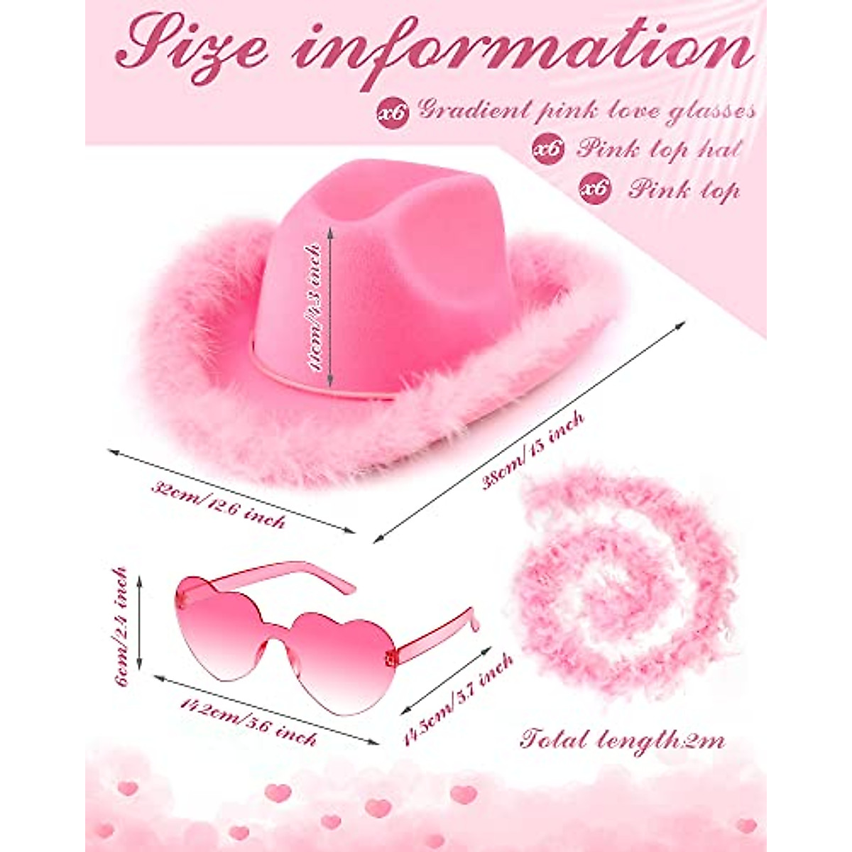 Zhanmai 18 Pieces Pink Cowgirl Hat Feather Boa Heart Shaped Sunglasses Cowboy Hat Pink Boa for Western Bachelorette Party