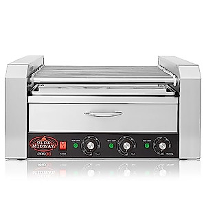 Olde Midway Electric 30 Hot Dog 11 Roller Grill Cooker Machine with Bun Warming Drawer - Commercial Grade, Stainless Steel