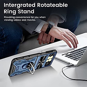 VEGO for Galaxy Z Flip 3 5G Case with Stand, Slide Camera Cover Hinge Protection 360°Rotate Ring Magnetic Kickstand Military Grade Heavy Duty Protection Armor Case for Samsung Z Flip 3 -Dark Blue