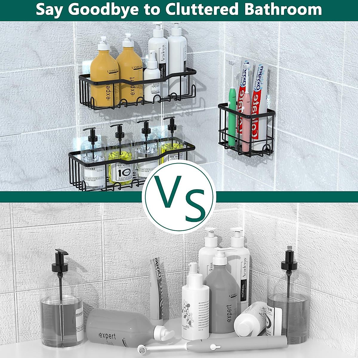 RM FOLD Shower Caddy, 5 Pack Adhesive Shower Organzier, No Drilling Shower Shlves, Rustproof Stainless Steel Bathroom Shower Organzier for Bathroom, Kitchen and Dorm Organization and Storage, Black