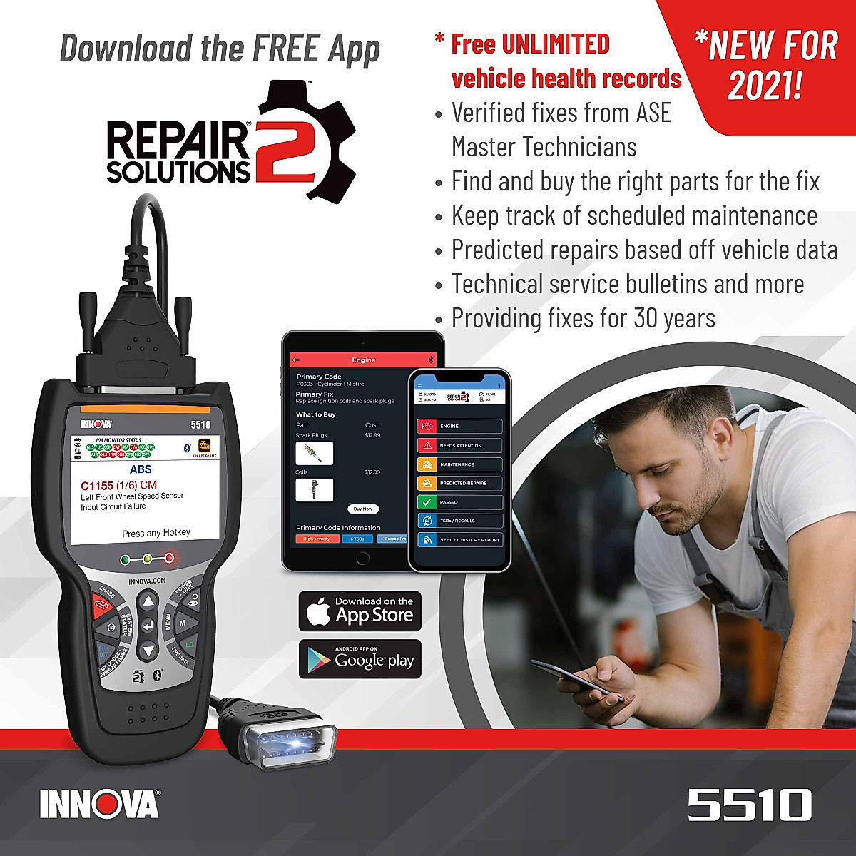 INNOVA 5510 OBD2 Scanner, Scantool for ABS Clear, All System Scanner, Caliper Service, Brake Pad Life, Read/Erase ABS/SRS Codes, Reset Oil Light, Live Data, Lifetime Free Updates