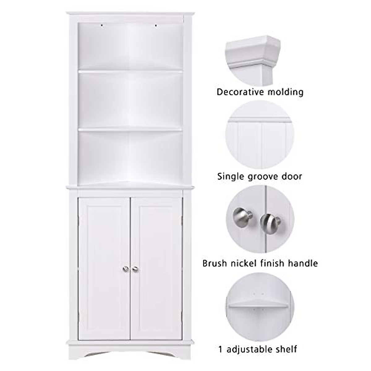 Spirich Home Tall Corner Cabinet with Two Doors and Three Tier Shelves, Free Standing Corner Storage Cabinet for Bathroom, Kitchen, Living Room or Bedroom, White