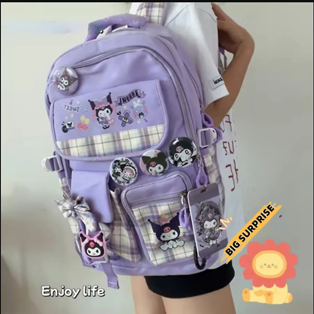 Kawaii Backpack with 18Pcs Accessories Anime Cartoon Anti-Theft Travel Aesthetic New Semester Gifts Bag with Cute Pin